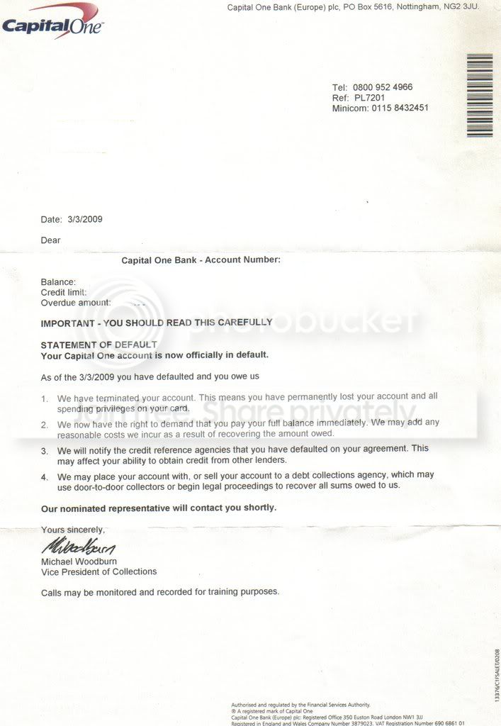 No CCA now a default notice - Capital One - National Consumer Service